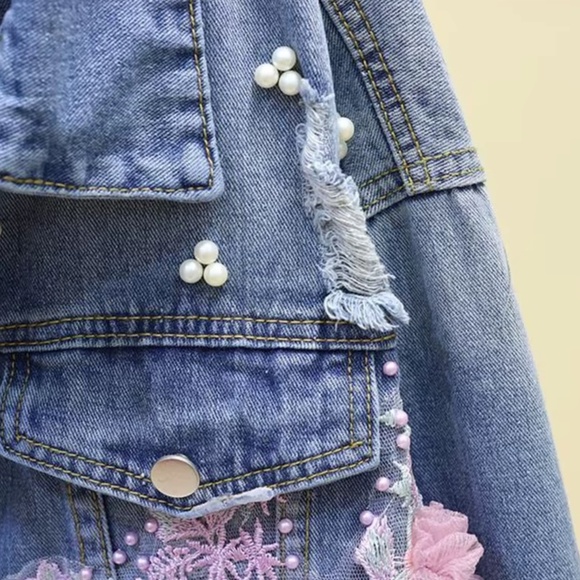 Jackets & Coats | Medium Wash Distressed Floral Applique Faux Pearl ...